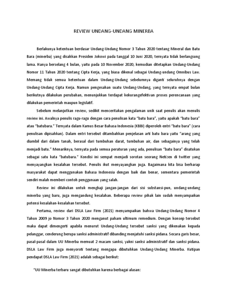 Contoh Penulisan Paper REVIEW UNDANG-UNDANG MINERBA | PDF