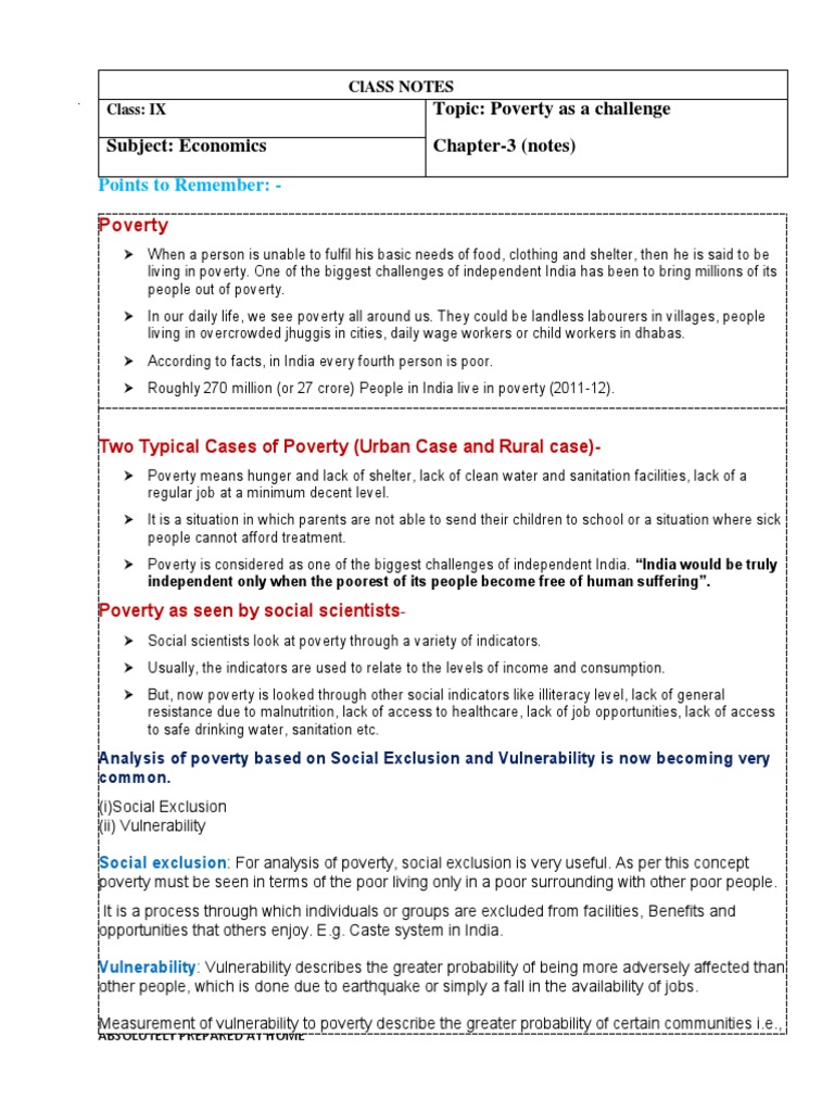 Points To Remember: - : Topic: Poverty As A Challenge Chapter-3 (Notes ...