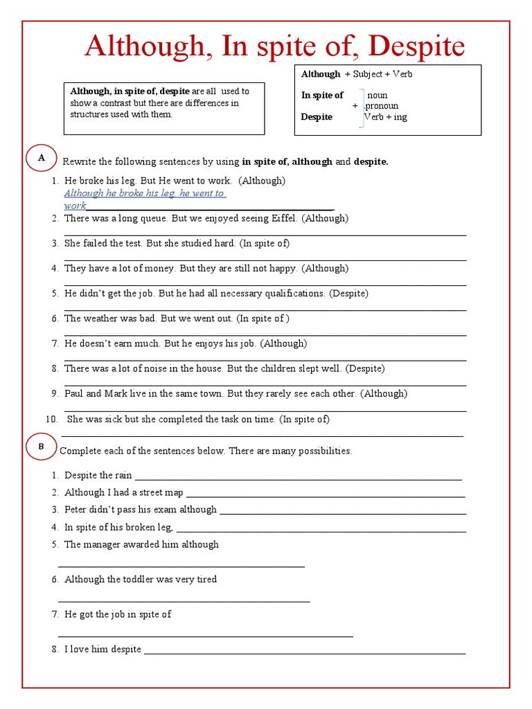 Although Despite in Spite of | PDF | Verb | Morphology