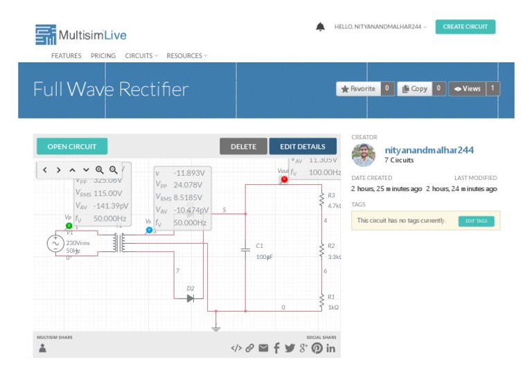 Full Wave Rectifier - Multisim Live | PDF