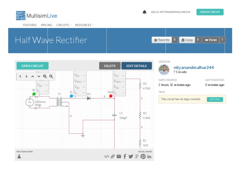 Half Wave Rectifier - Multisim Live | PDF