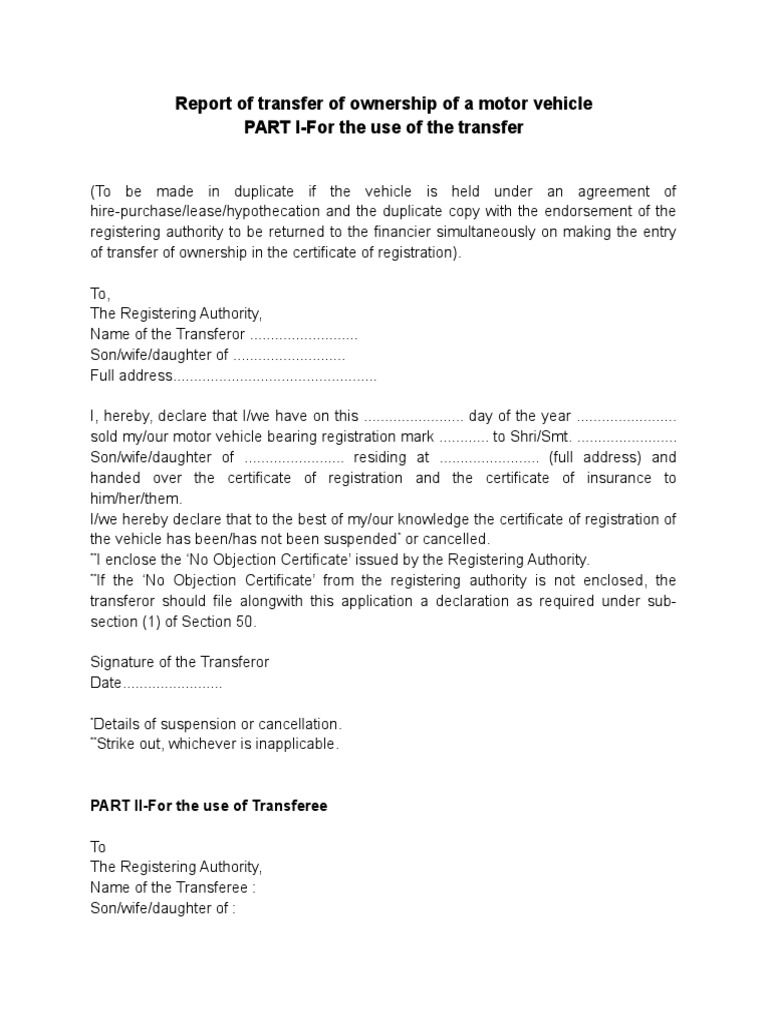 Report of Transfer of Ownership of A Motor Vehicle | PDF | Civil Law ...