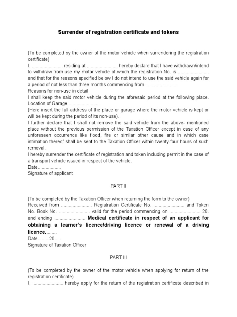Surrender of Registration Certificate and Tokens | PDF