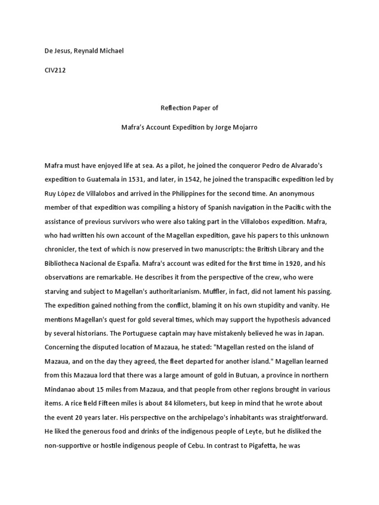 Mafra's Account Expedition by Jorge Mojarro (Reflection Paper) | PDF