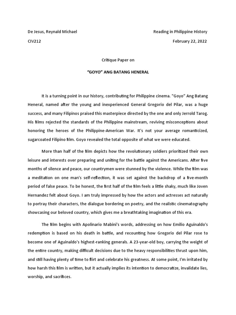Goyo Ang Batang Heneral (Critique Paper) | PDF | Philippines