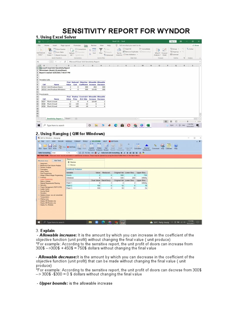 Sensitivity Report For Wyndor: 1. Using Excel Solver | PDF