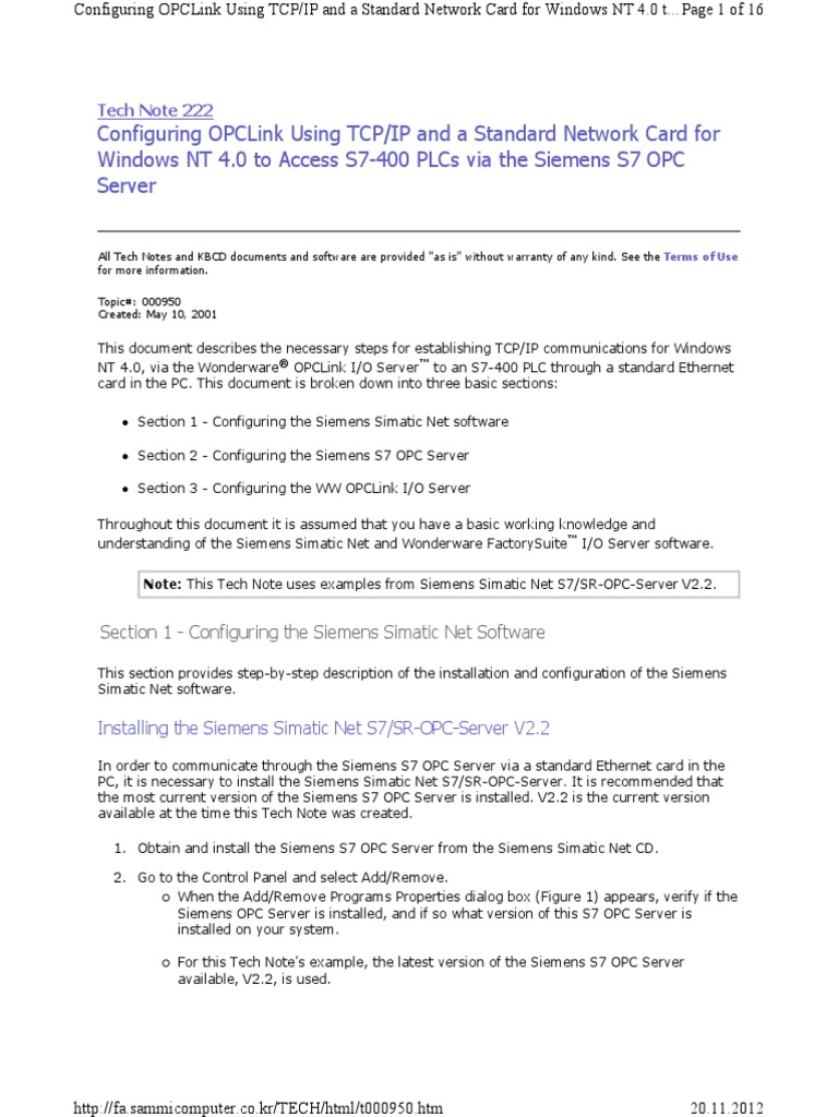 Tech Note 222configuring OPCLink Using TCPIP and A Standard Network Card For Windows NT 4.0 To ...