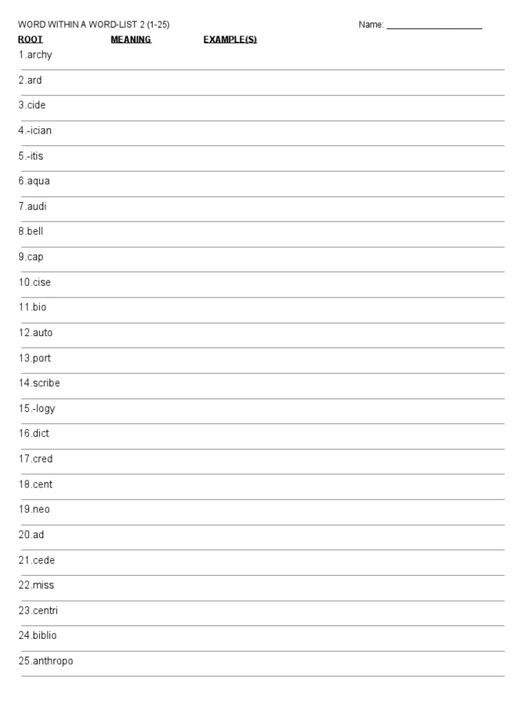 Word Within A Word-List 2 (1-25) Blank | PDF