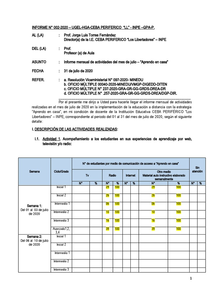 Agosto Informe Del Docente Al Director - Modelo | PDF | Evaluación | Maestros