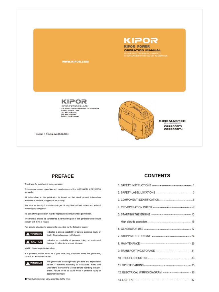 Kipor KGE2000 Operation Manual | PDF | Motor Oil | Carburetor