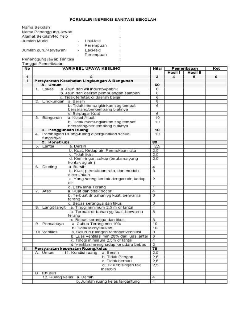 Formulir Inspeksi Sanitasi Sekolah | PDF