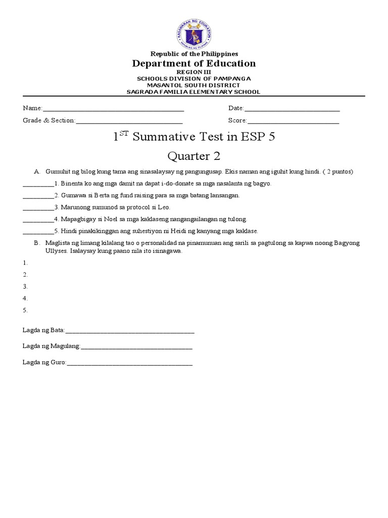 Summative Test Esp 5 Q2 | PDF