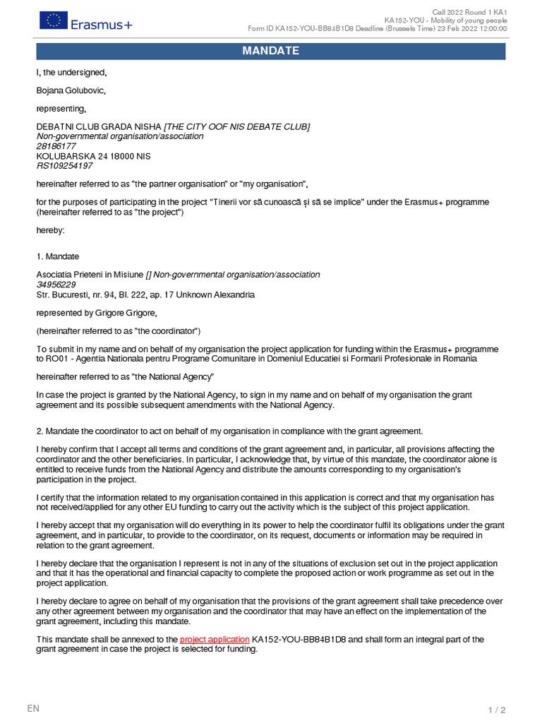 Mandate: Non-Governmental Organisation/association 28186177 RS109254197 ...