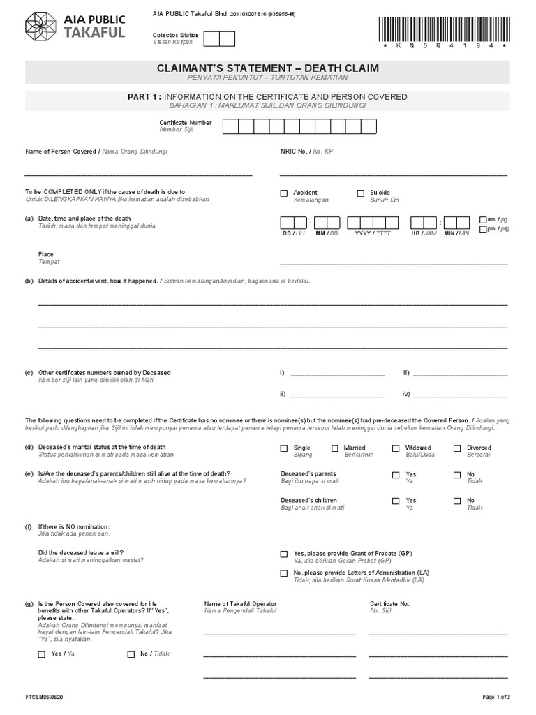 Customer Claims - Claimant Statement Death Claim Form | PDF
