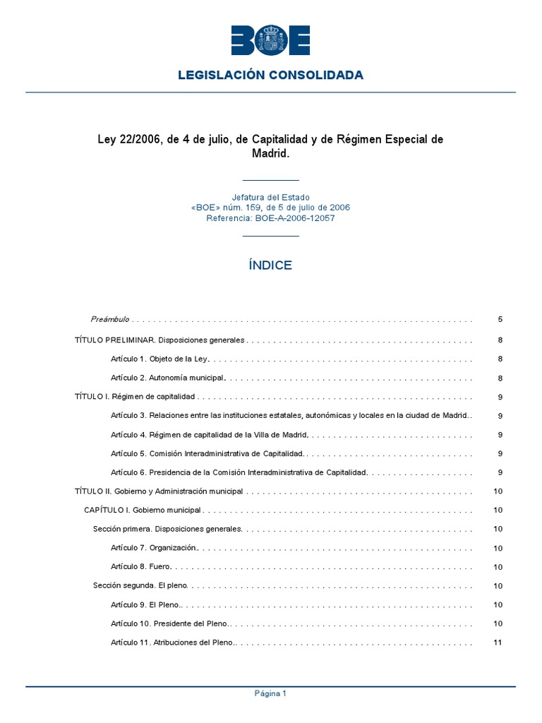 Ley 22-2006 Capitalidad y Régimen Especial de Madrid | PDF | Alcalde ...