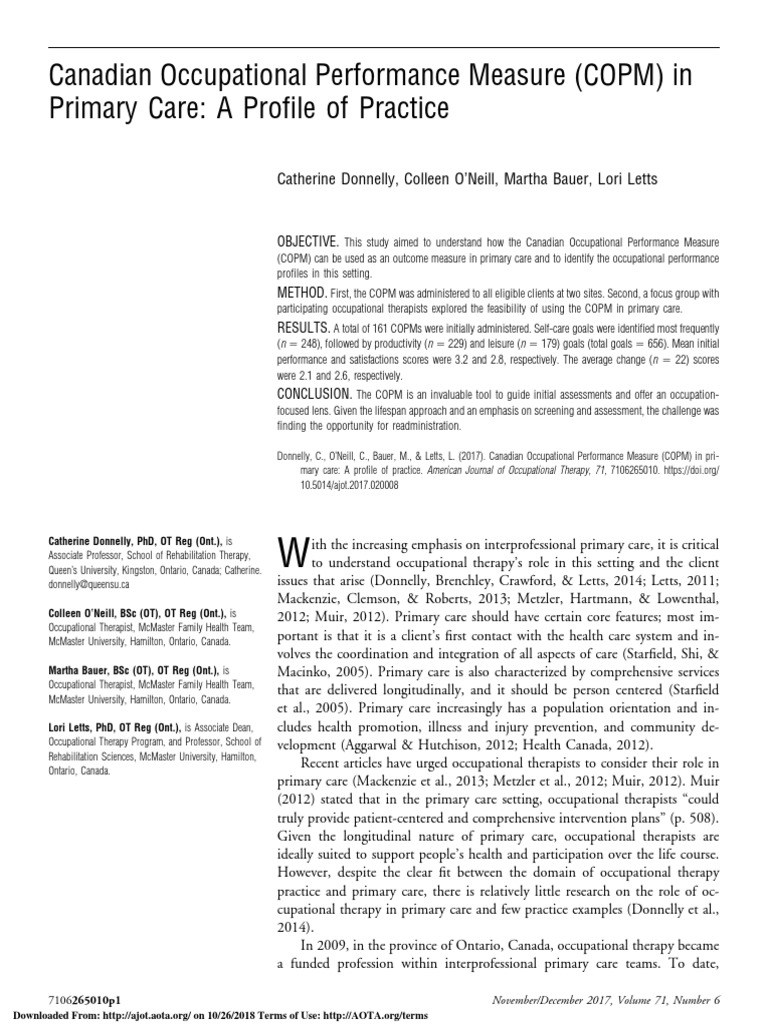 Canadian Occupational Performance Measure (COPM) in Primary Care: A ...
