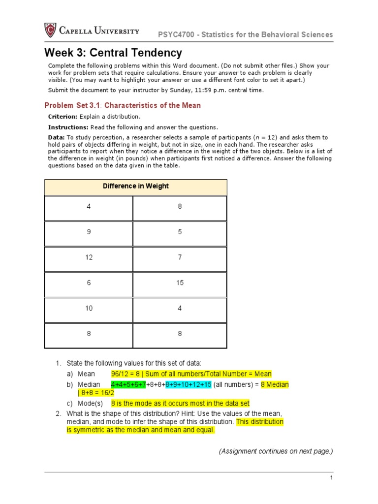 Week 3: Central Tendency: Problem Set 3.1: Characteristics of The Mean ...