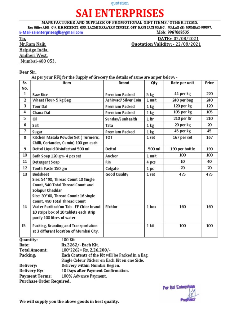 Grocery Supply Quotation for HelpAge India | PDF | Food And Drink | Foods