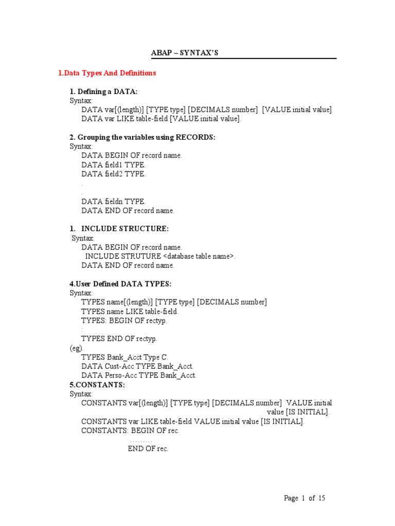 1.data Types and Definitions: Abap - Syntax'S | PDF | Database ...