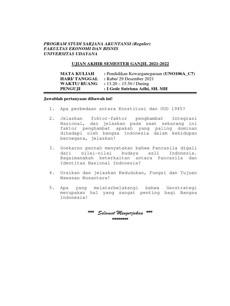 Soal Uas PKN Uno106a - c7 | PDF | Perjalanan