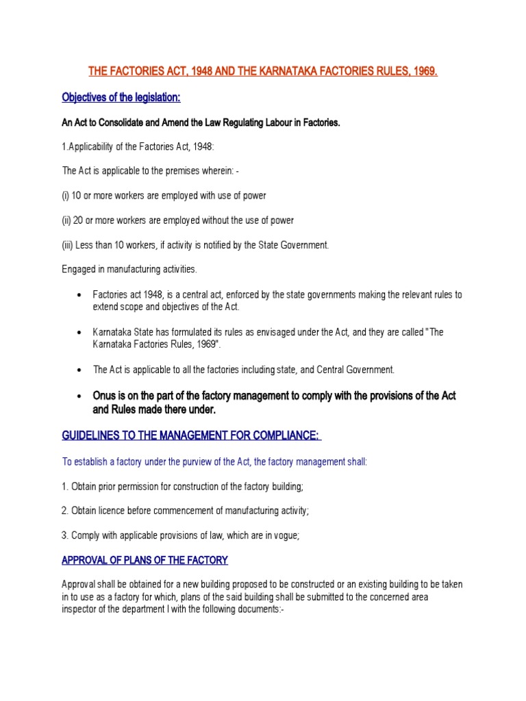 The Factories Act, 1948 and The Karnataka Factories Rules, 1969. | PDF ...