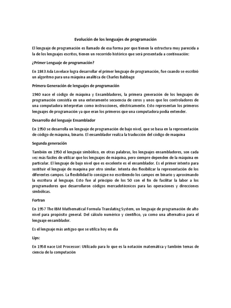 Evolución de Los Lenguajes de Programación | PDF | Lenguaje de ...