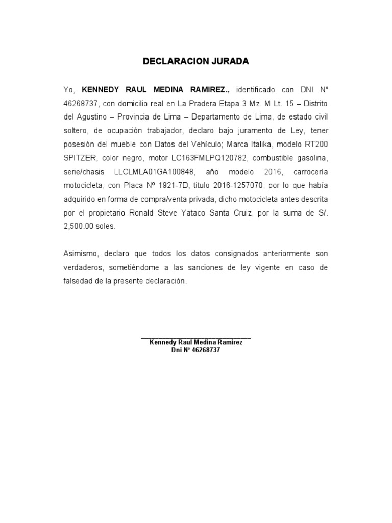 Declaracion Jurada de Posesion de Bien Mueble | PDF