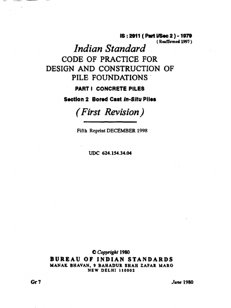 Is 2911 PART 1 Sec2 1979 Bored Cast In Situ Pile Foundations 1997 PDF