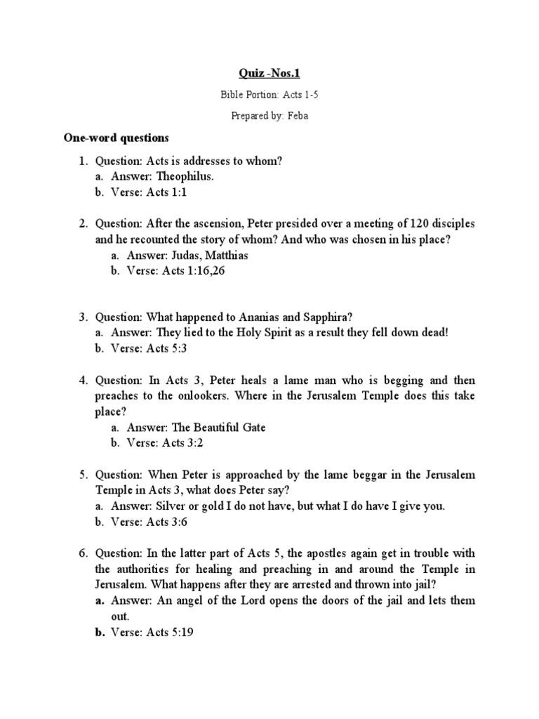 Quiz - Nos.1: Bible Portion: Acts 1-5 Prepared By: Feba | PDF | Acts Of ...
