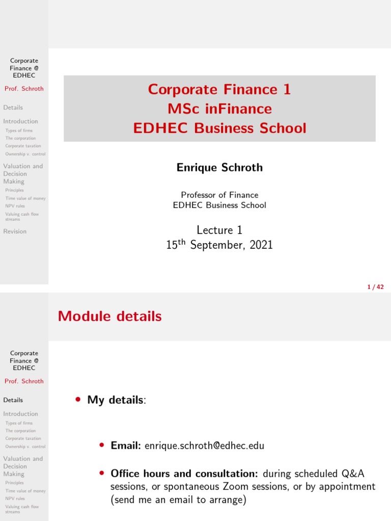 Corporate Finance 1 MSC Infinance Edhec Business School: Enrique ...