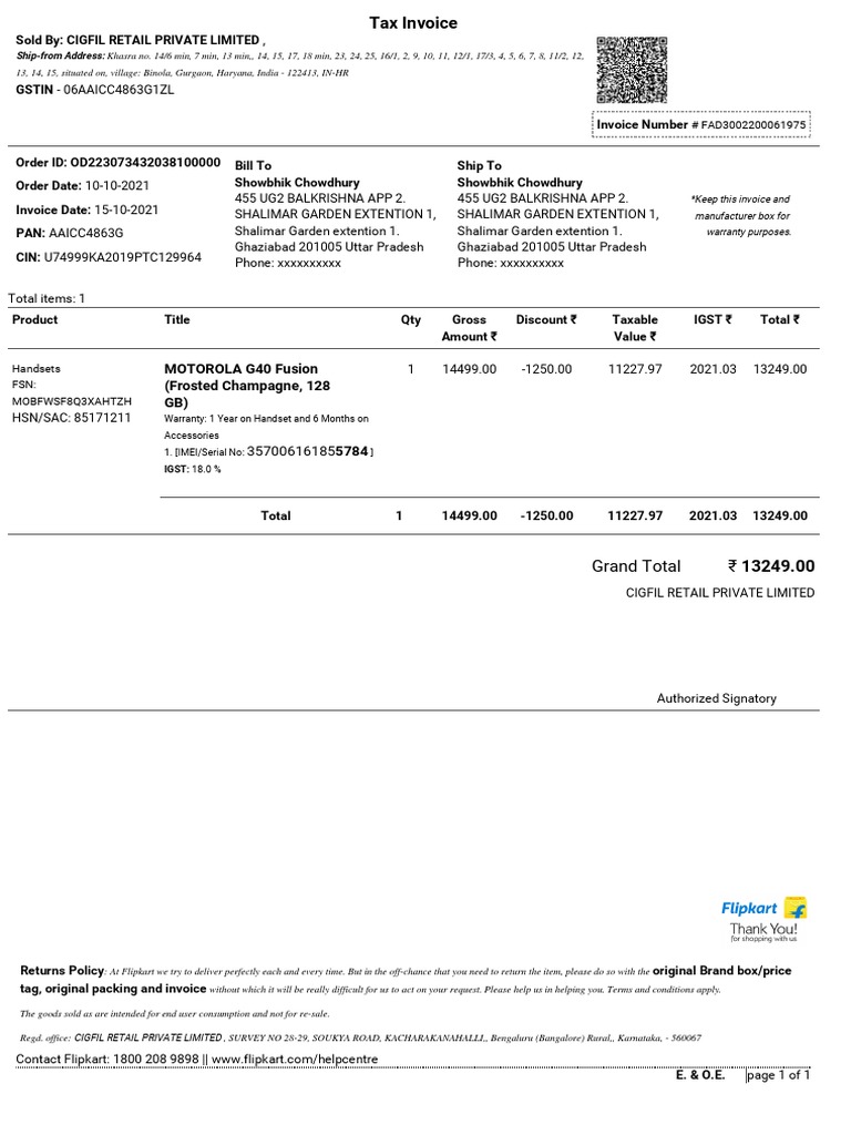 Tax Invoice for Motorola Mobile Purchase | PDF | Taxes | Economies