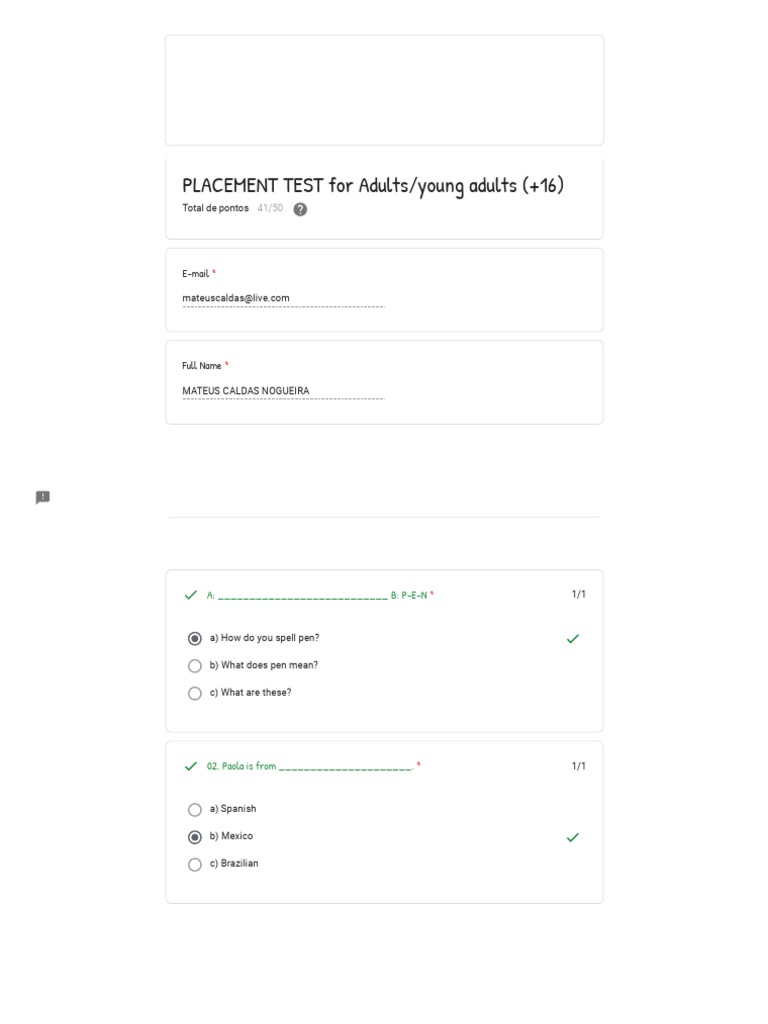 PLACEMENT TEST For Adults - Young Adults (+16) | PDF
