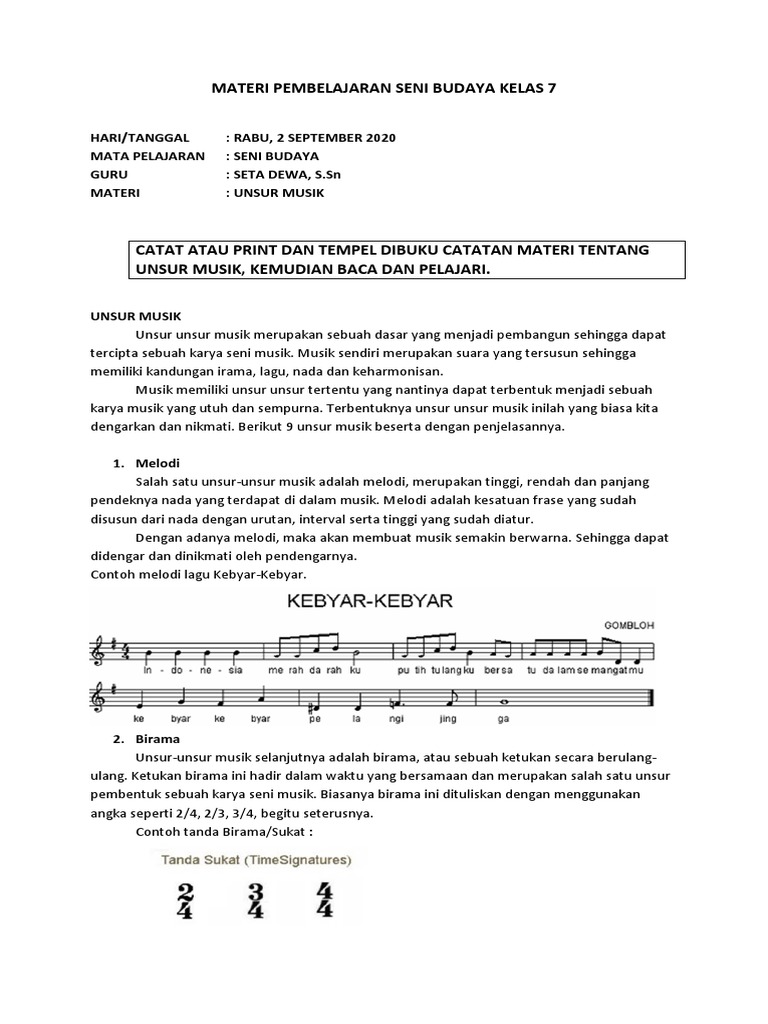 6.02.09.2020 - Kelas 7 - Unsur Musik | PDF | Seni & Disiplin Bahasa | Seni