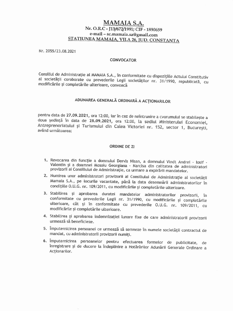 CONVOCATOR AGOA Din 27.09.2021 | PDF