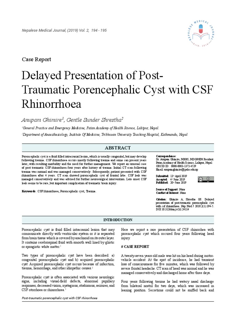 Delayed Presentation of Post-Traumatic Porencephalic Cyst With CSF ...