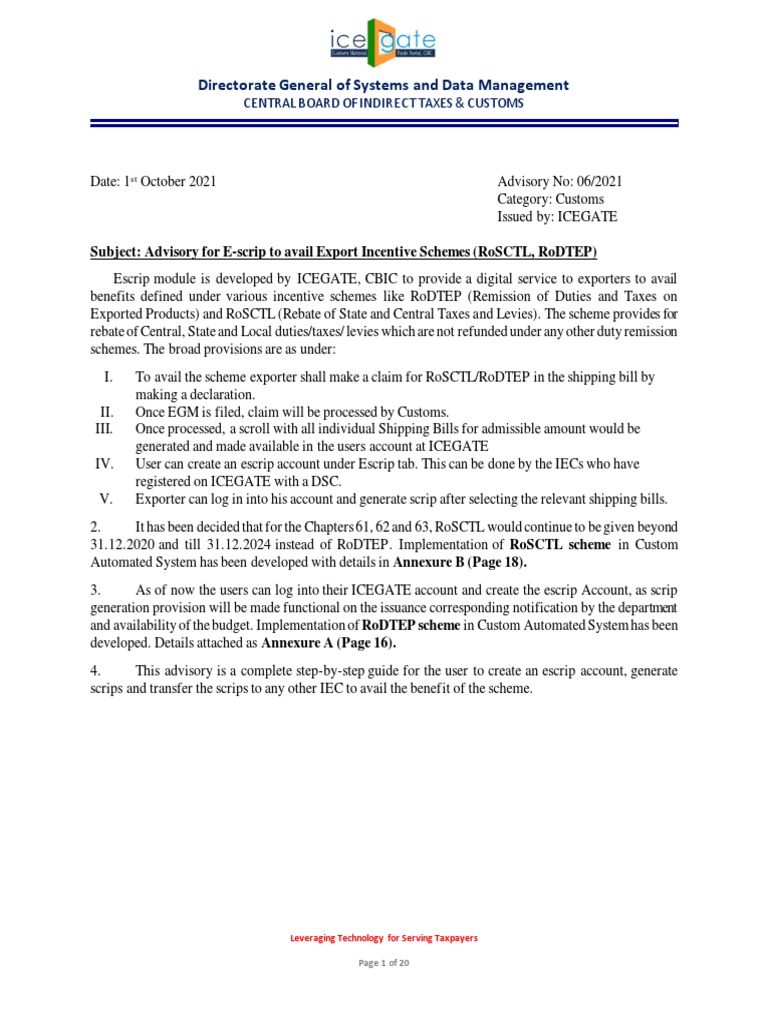 Export Incentive Escrip Guide for ICEGATE | PDF | Customs | Taxes