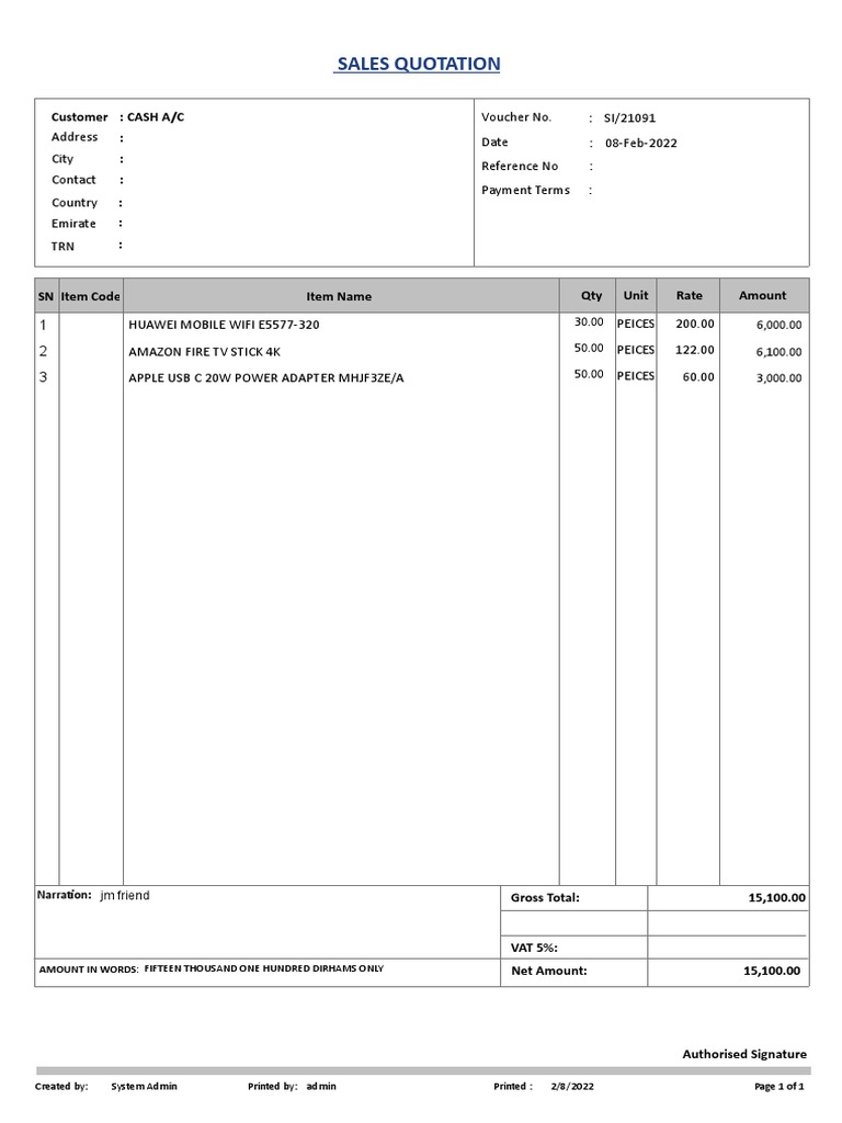Sales Quotation Fifteen Thousand One Hundred Dirhams Only Amount In 