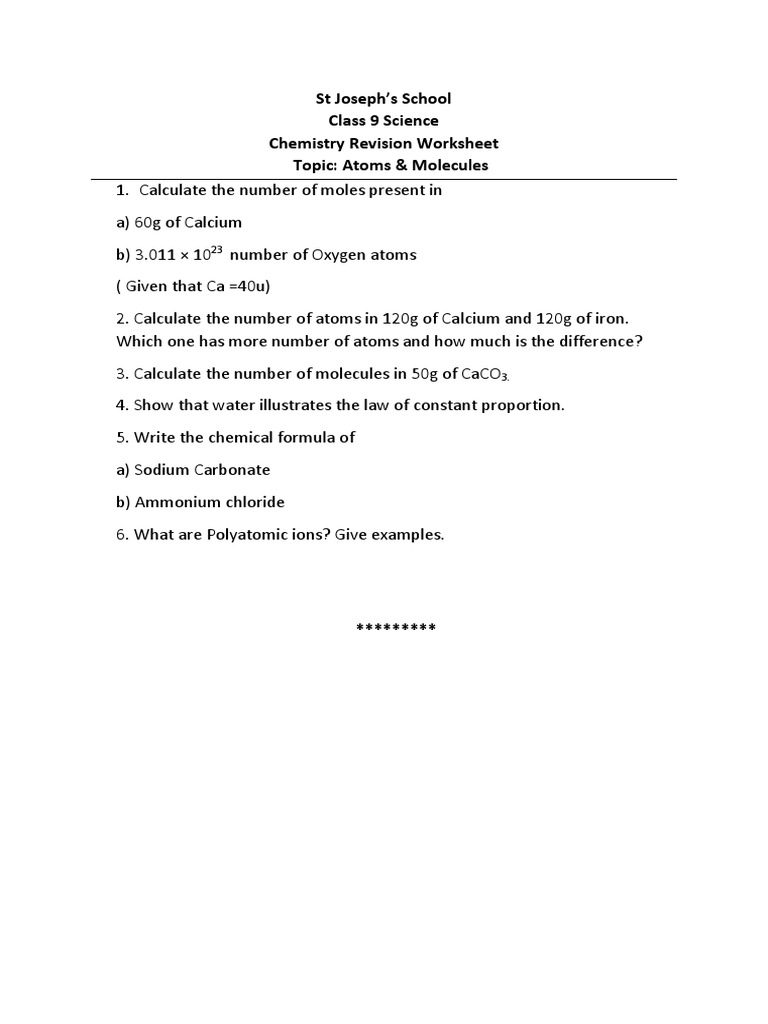 Class 9 Chemistry: Atoms & Molecules Worksheet | PDF
