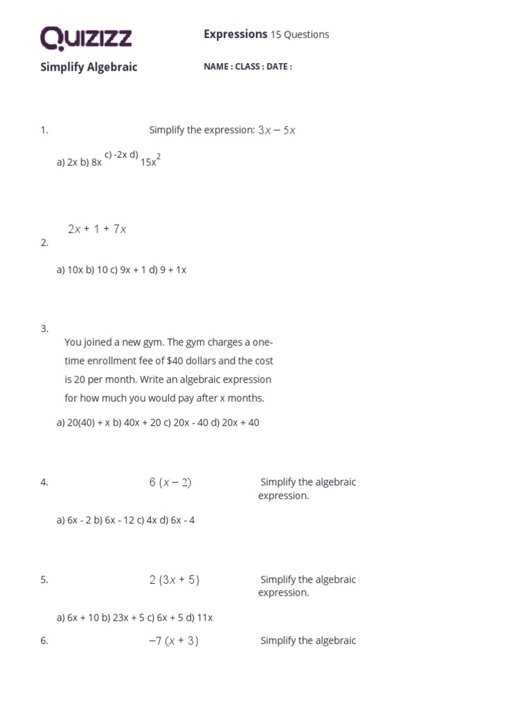 Simplifying Algebraic Expressions Quiz | PDF | Mathematics | Algebra
