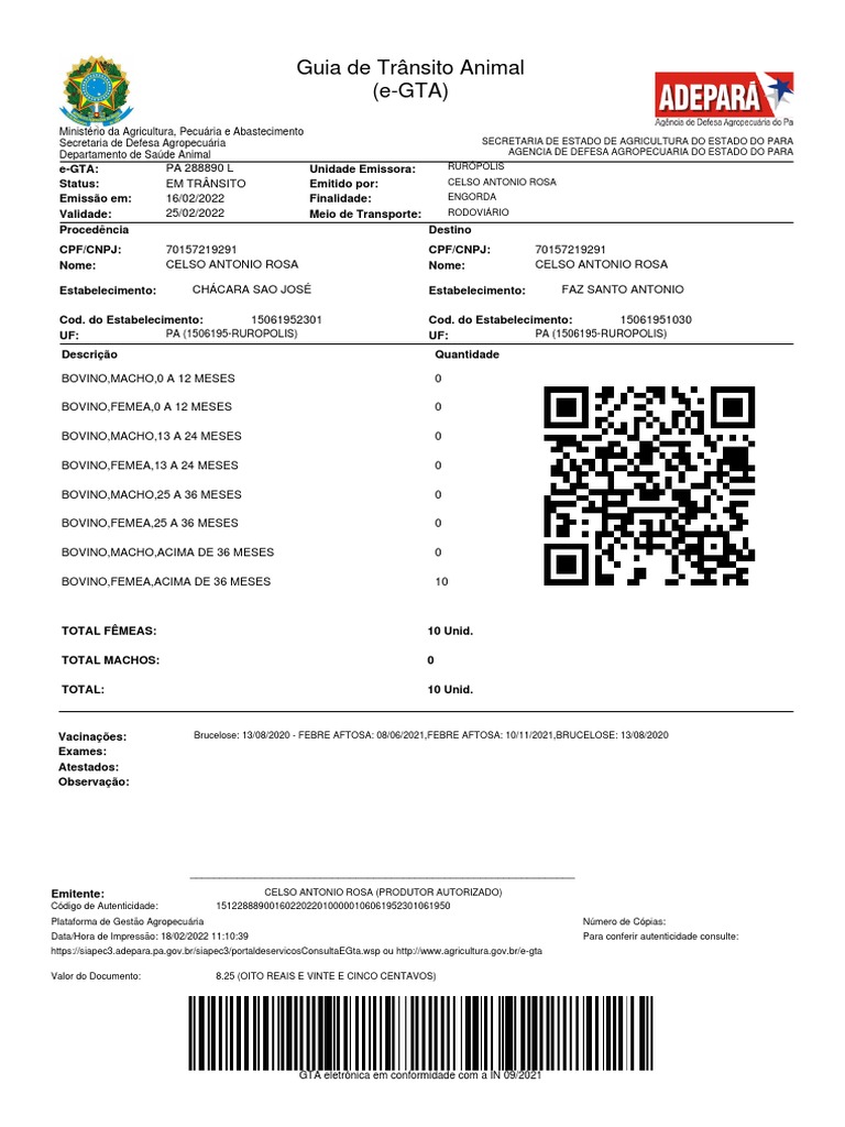 Guia de Trânsito Animal (e-GTA) | PDF