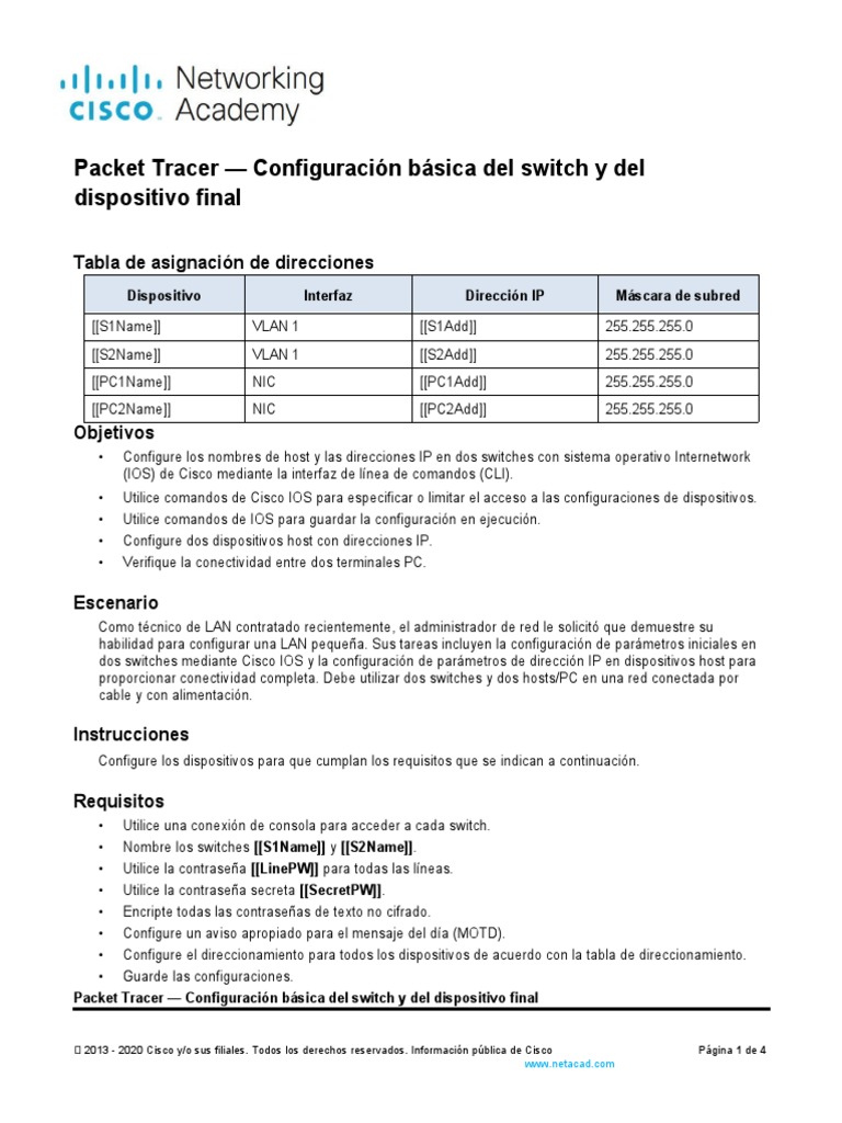 2.9.1 Packet Tracer Basic Switch and End Device Configuration Es XL | PDF | Dirección IP ...