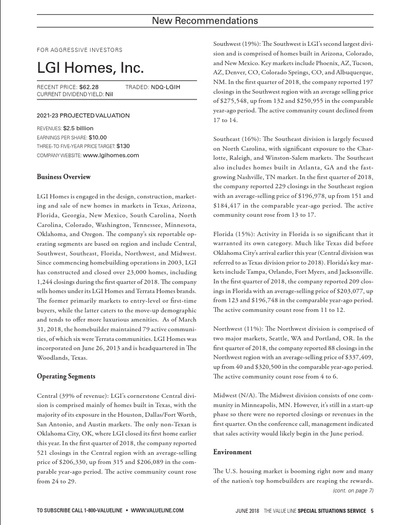LGI Homes, Inc.: New Recommendations | PDF | Stocks | Price–Earnings Ratio