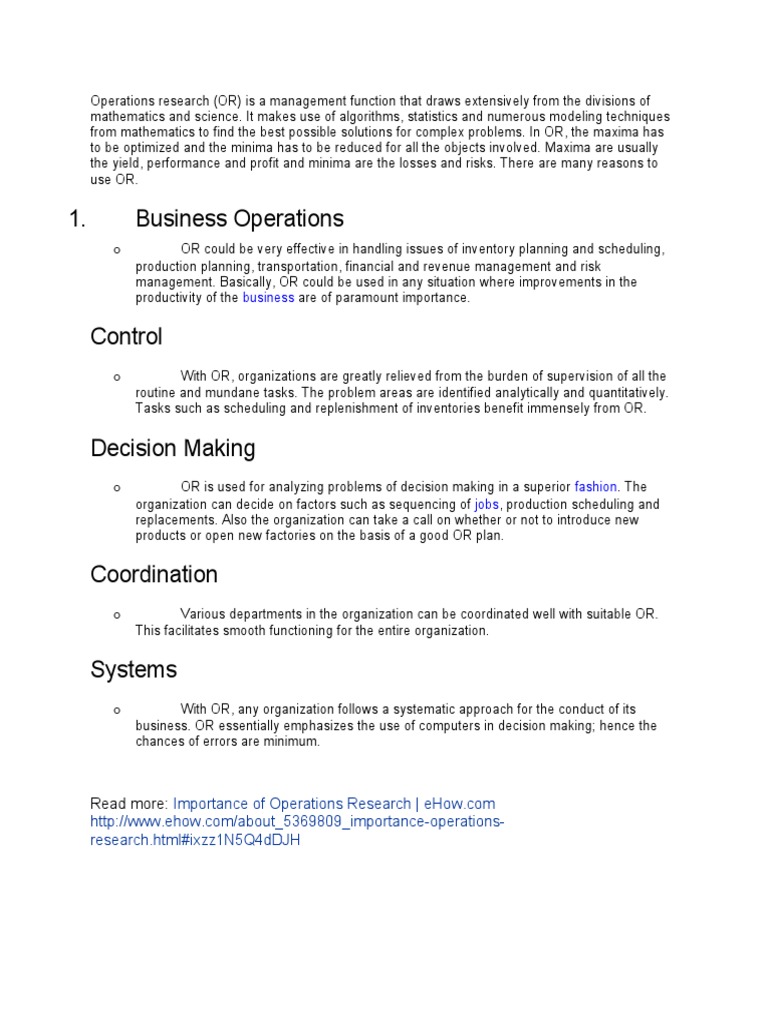 Importance of Operations Research in Business | PDF