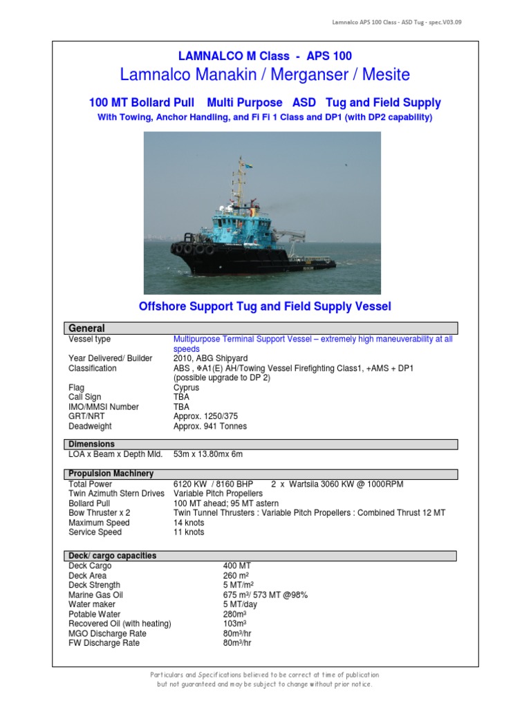 Vessel Details Manakin, Merganser, Mesite | PDF | Tugboat | Water Transport