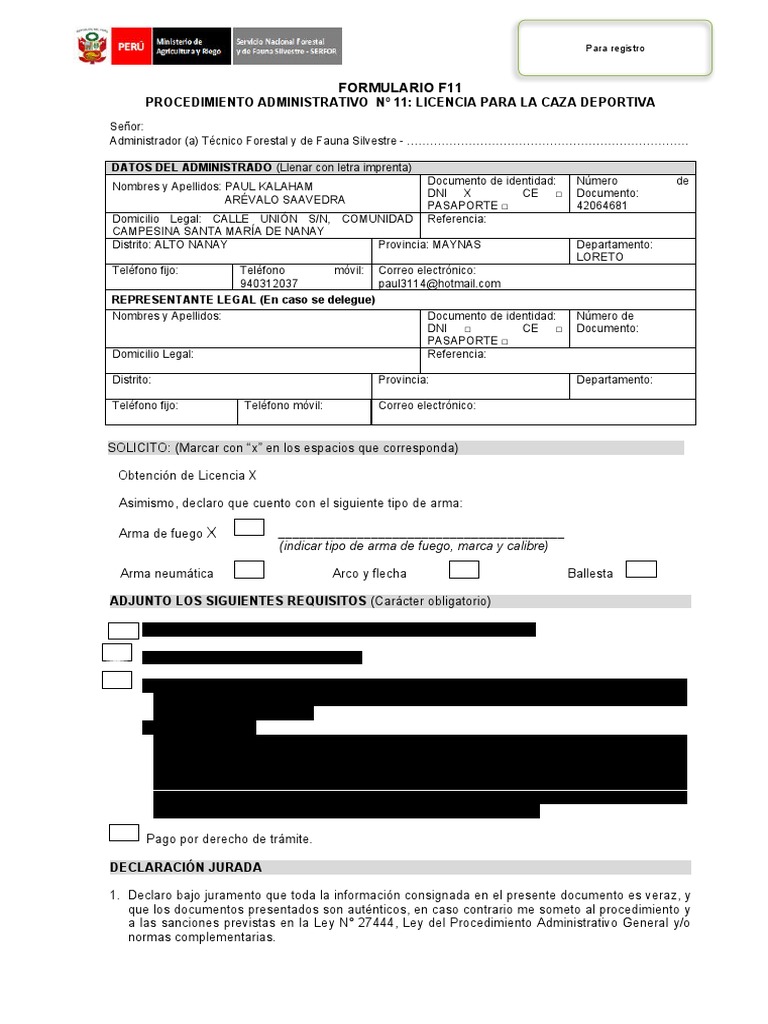 Licencia Caza Deportiva: Formulario F11 | PDF | Justicia | Crimen y ...