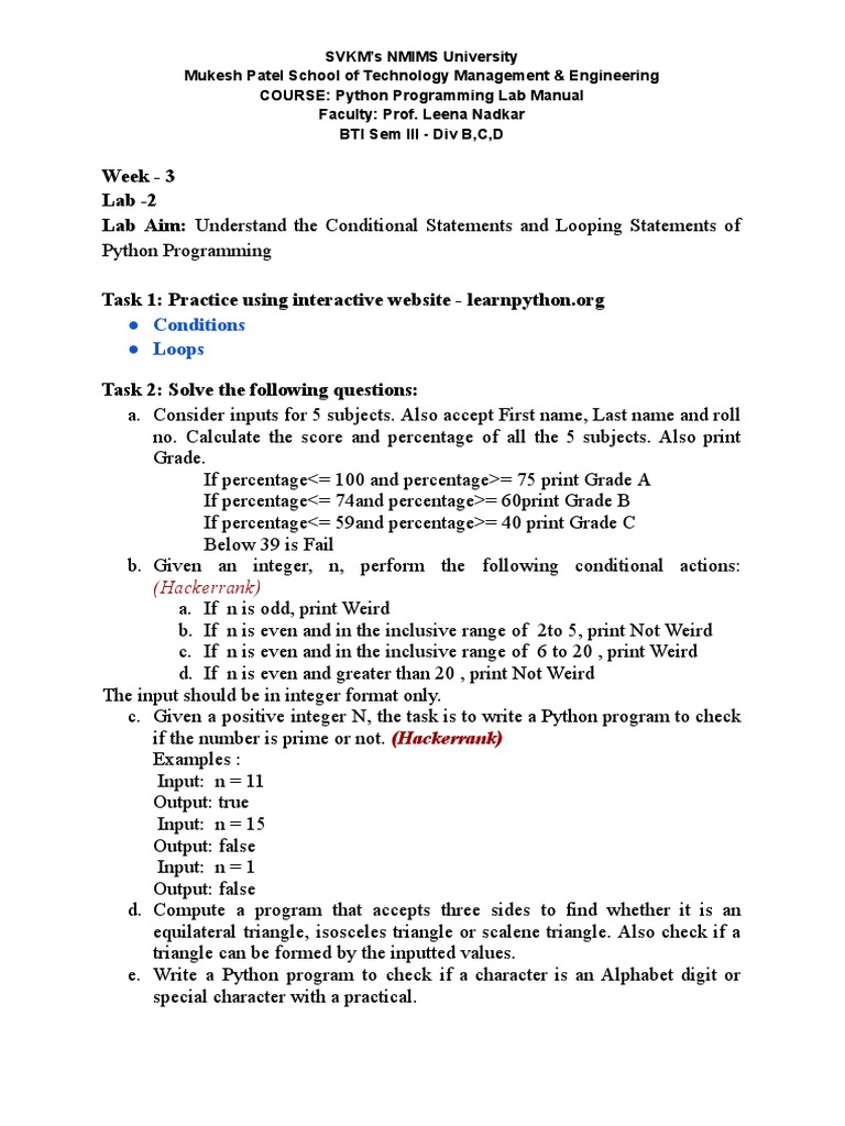Week - 3 Lab - 2 Lab Aim: Understand The Conditional Statements and ... Week - 3 Lab - 2 Lab Aim: Understand The Conditional Statements and ...