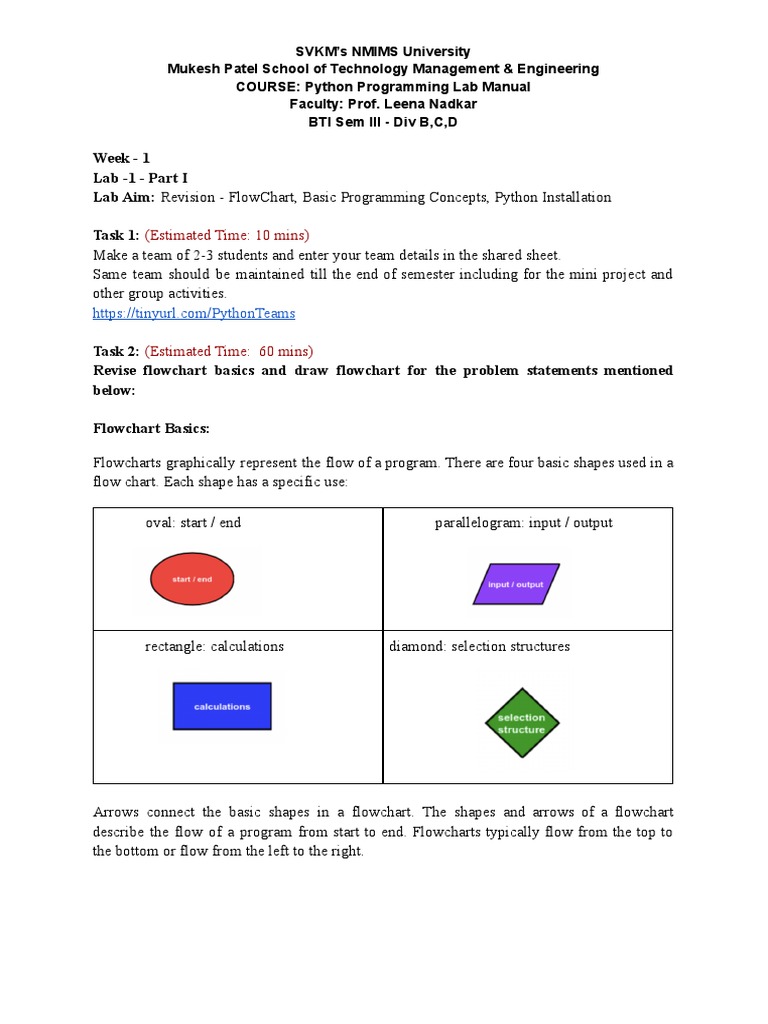 Week - 1 Lab - 1 - Part I Lab Aim: Revision - Flowchart, Basic ...