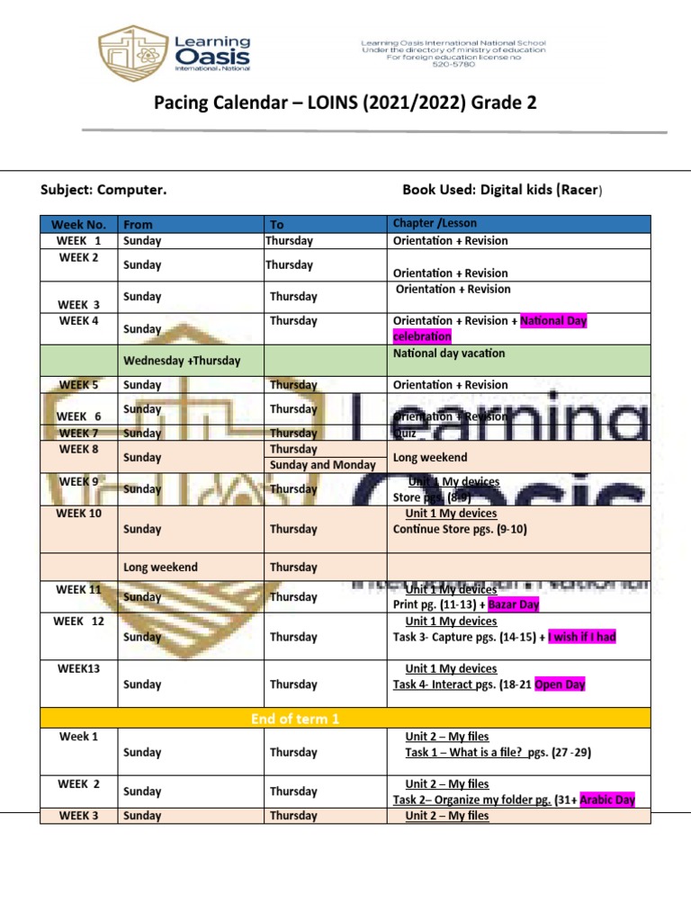 Pacing Calendar - LOINS (2021/2022) Grade 2 | PDF | Computing