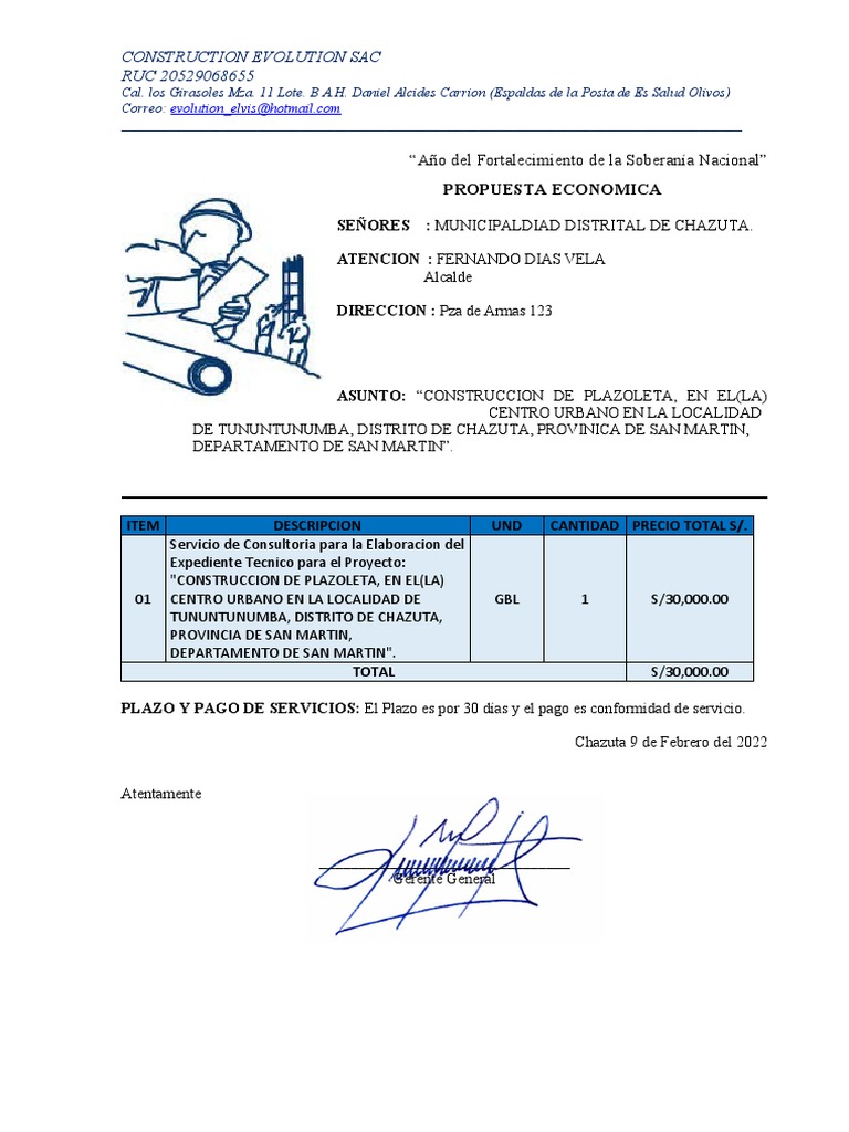 Proforma de Construction Evolution Sac de Exp. Tecnico Tununtunumba | PDF