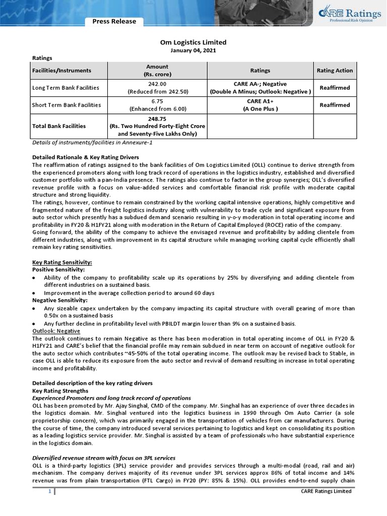 Press Release Om Logistics Limited: Details of Instruments/facilities ...